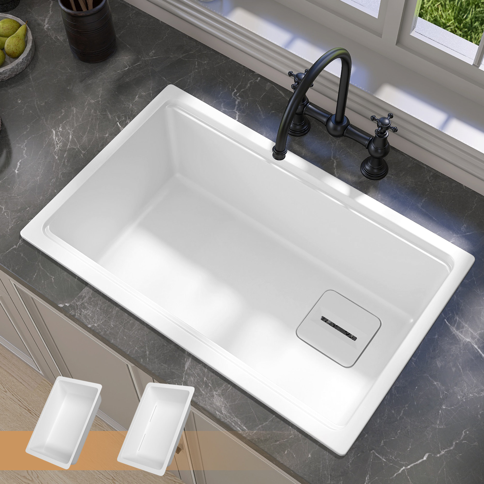 GETPRO 33" X 19" White Undermount Kitchen Sink Workstation Rectangular Sink Granite Composite ...